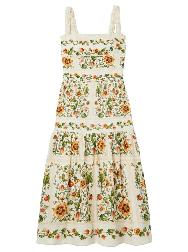 Agua Bendita Tiered Embroidered Tropical Print Linen Midi Dress - Multi