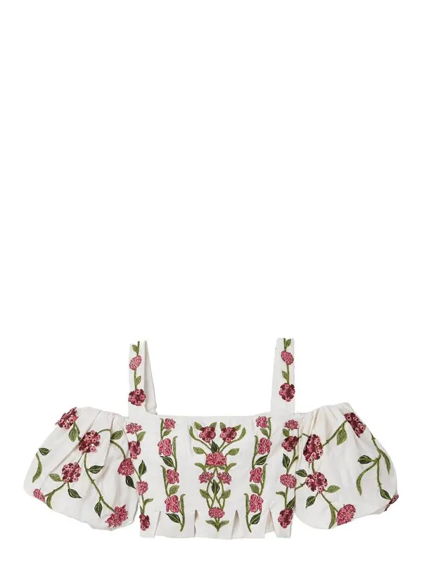 Agua Bendita Poca Cropped Cold-shoulder Appliquéd Embroidered Linen Top - Multi