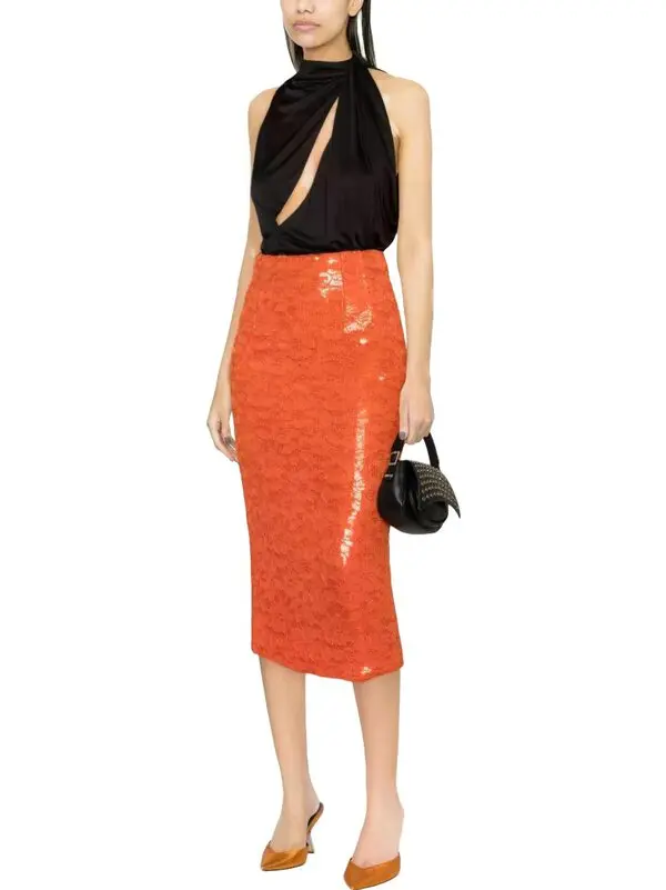 LAQUAN SMITH Sequinned-crêpe And Corded Lace Skirt - Orange