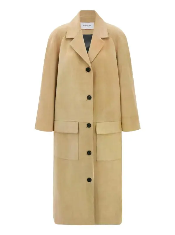 FERRAGAMO Single Breasted Suede Coat - Neutrals