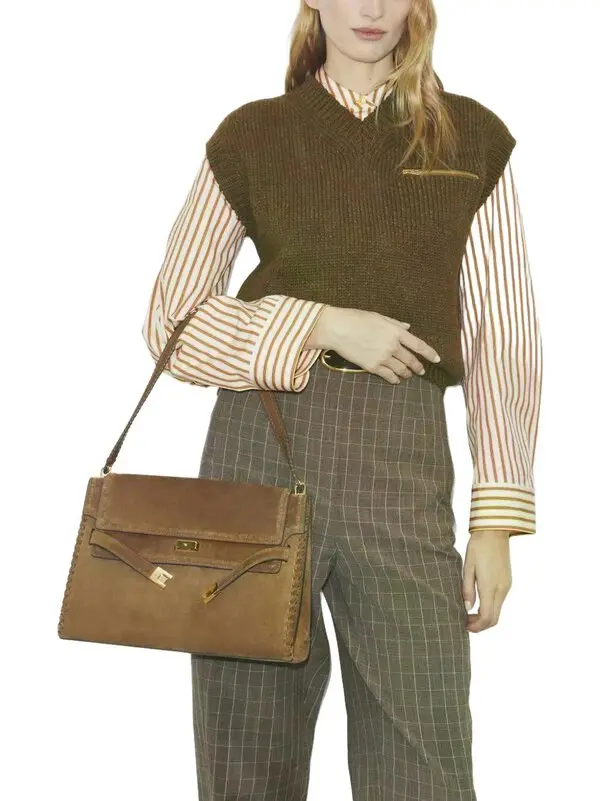 Tory Burch Large Lee Radziwill Shoulder Bag In Suede - Brown