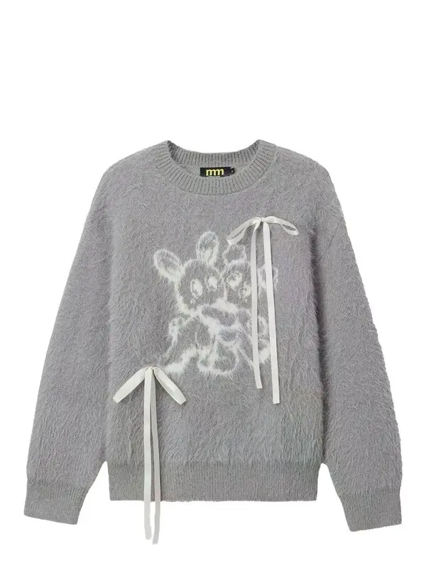 MINI CREAM Graphic Design Knit Sweater With Ribbon Detail - Grey