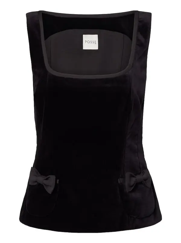Posse Quincy Bow-detail Cotton Velvet Top - Black