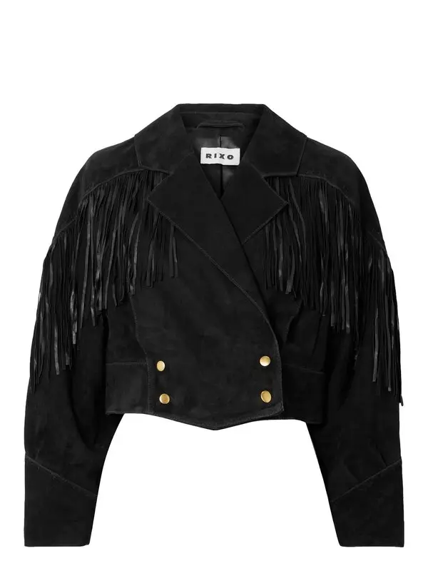 Rixo Darragh Fringed Double-breasted Suede Jacket - Black