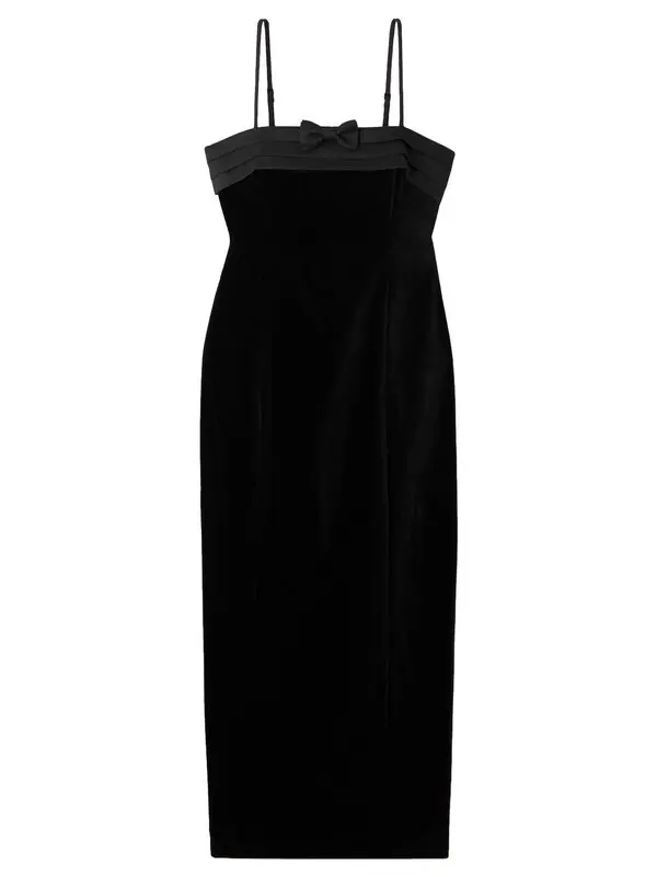 Posse Quincy Pleated Bow-detailed Satin-trimmed Cotton-velvet Midi Dress - Black