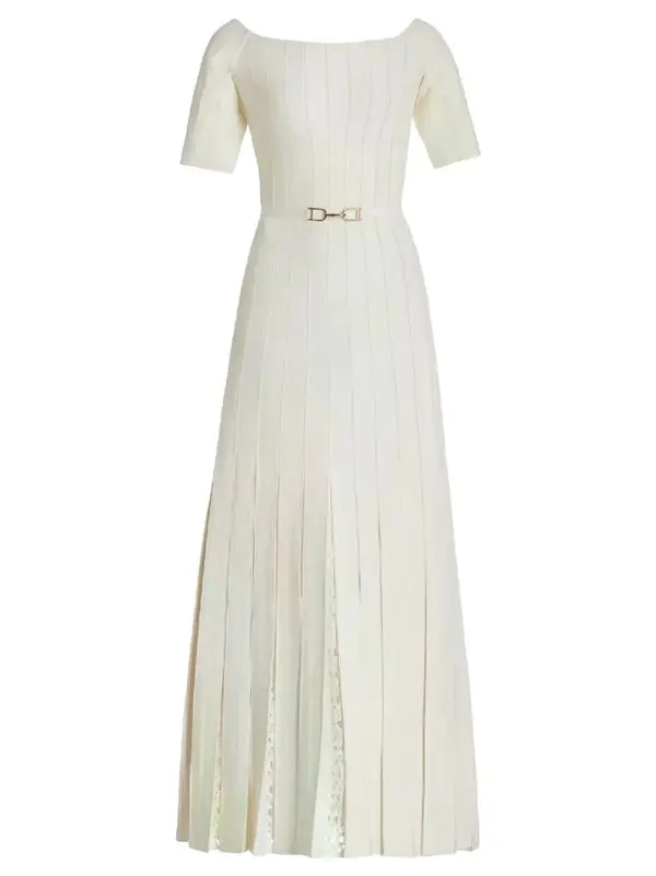 Gabriela Hearst Off-shoulder Pleated Midi Dress With Gold-tone Buckle - Neutrals