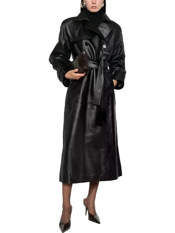 DUCIE Corrin Buttoned Belted Leather Trench - Black