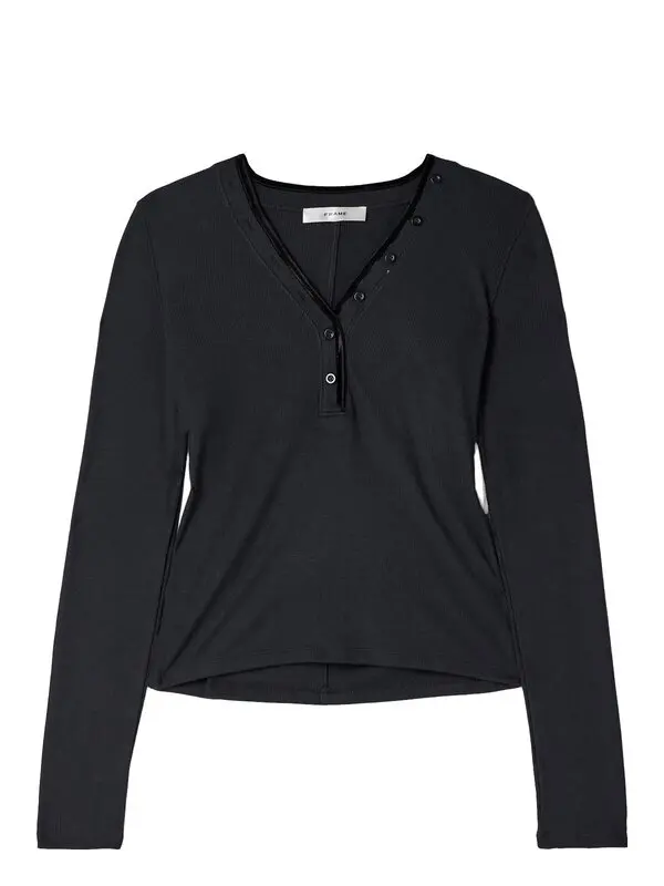 FRAME The Henley Velvet-trimmed Ribbed Stretch-modal Top - Black