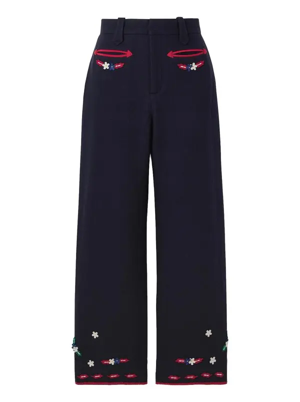 BODE Carroll Appliquéd Wool Felt Straight-leg Trousers - Blue