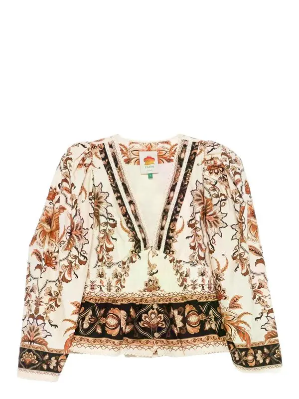 Farm Rio Floral Print Lace Trim V-neck Blouse - Neutrals