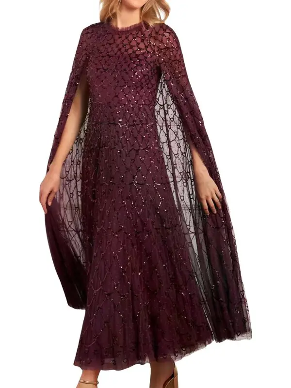 NEEDLE & THREAD Claret Heart Pattern Sequined Midi Dress With Cape Detail - Red