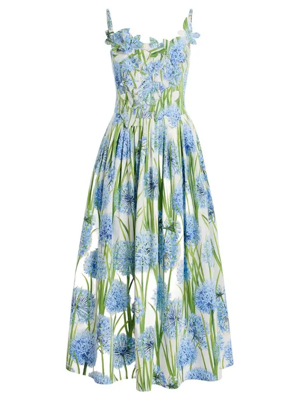 Oscar De La Renta Appliqued Allium-printed Cotton-poplin Midi Dress - Multi