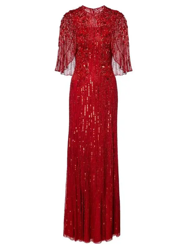 Jenny Packham Embellished Caped Gown - Red