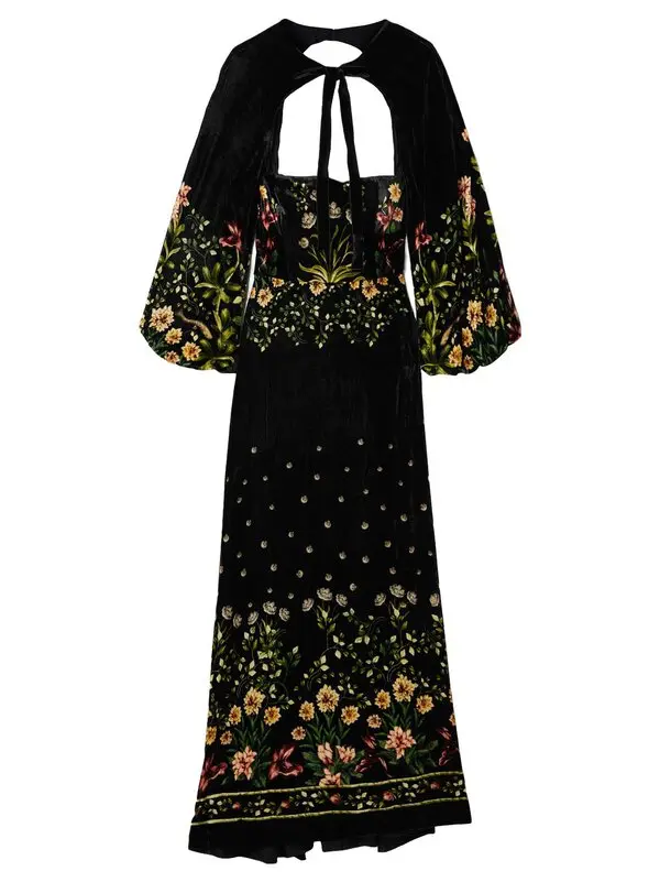 Agua Bendita Velvet Floral Print Maxi Dress With Cutout - Black