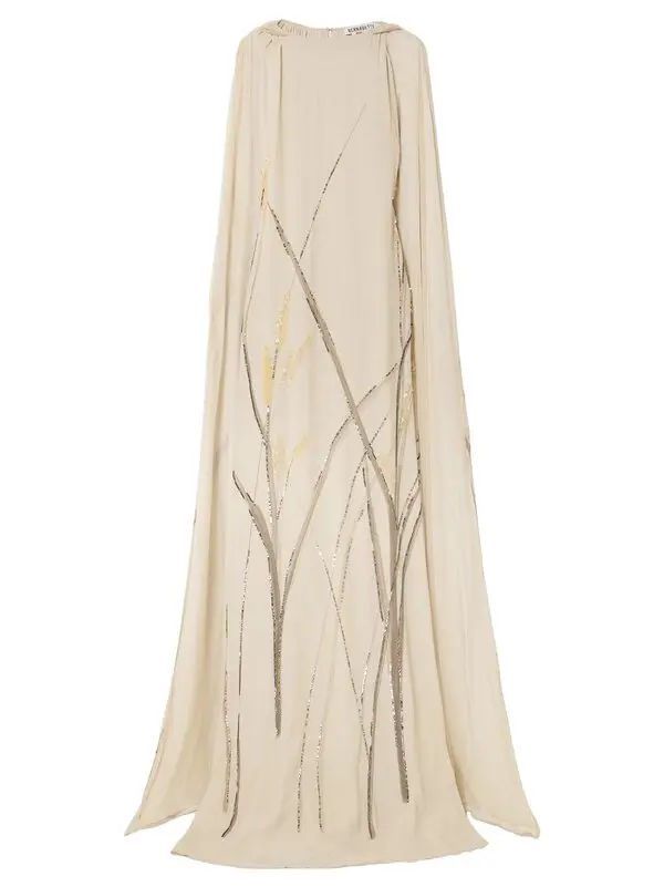 Bernadette Minnie Cape-effect Sequin-embellished Wheat-print Gown - Neutrals