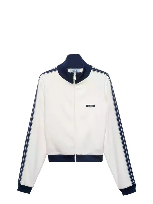 Prada Sporty Stripes Track Jacket With Leather Elbow Patches - White