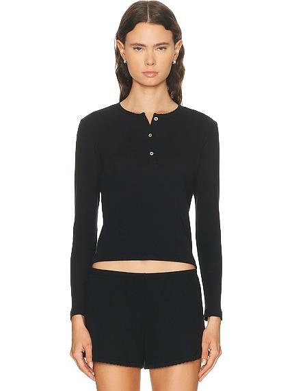 LESET Pointelle Long Sleeve Henley Top - Black