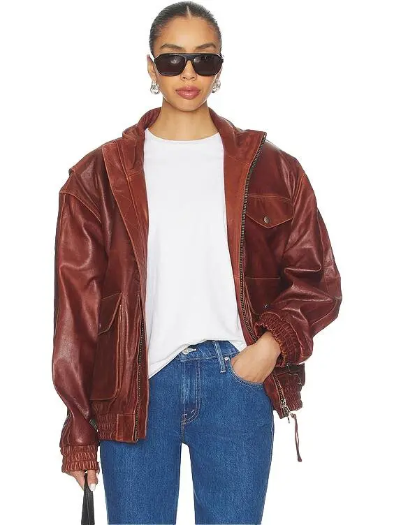 FOUND Leather Bomber Jacket - Burgundy