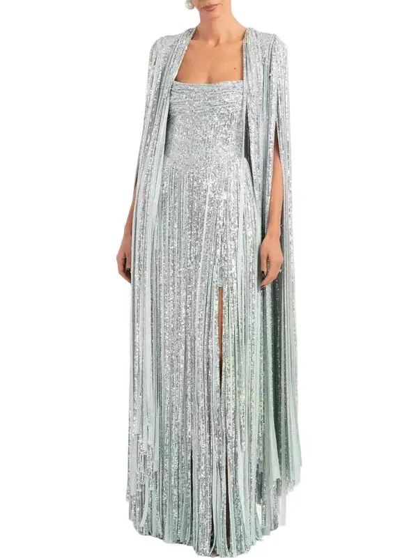 ANA RADU Maxi Dress With Fringed Cape Effect - Silver