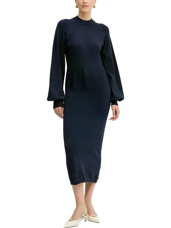 SILVIAN HEACH Balloon-sleeve Ribbed Midi Dress - Blue