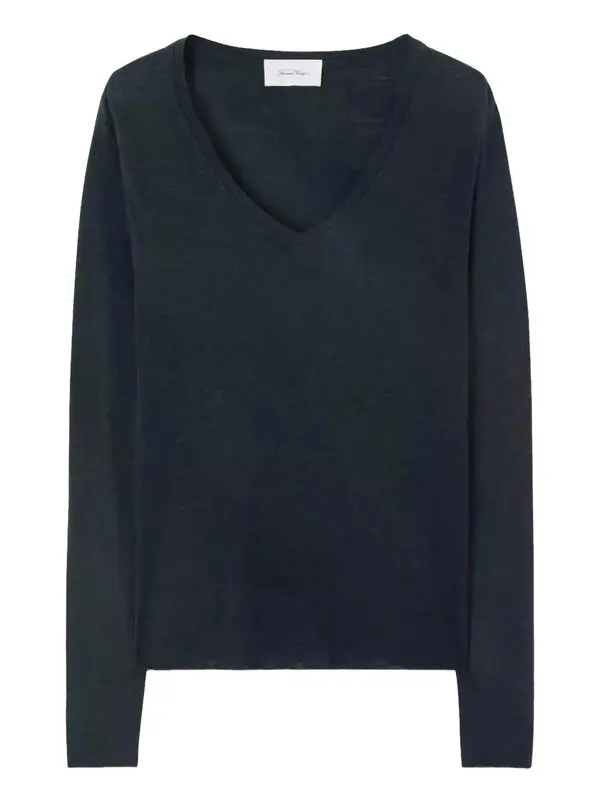 American Vintage Textured V-neck Long Sleeve Top - Blue