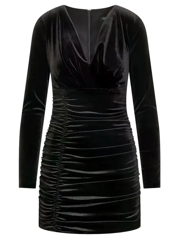 ACTUALEE Velvet Ruched Long Sleeve Dress - Black
