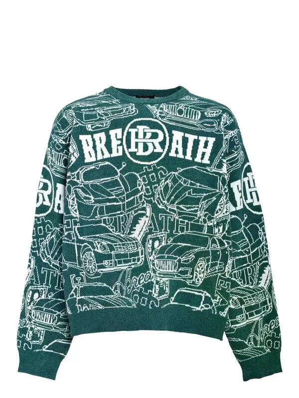 BREATH Car Pattern Round Neck Long Sleeve Sweater - Green