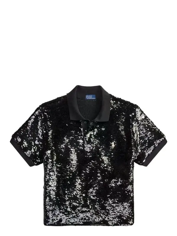 Polo Ralph Lauren Embellished Sequin Short Sleeve Polo Shirt - Black