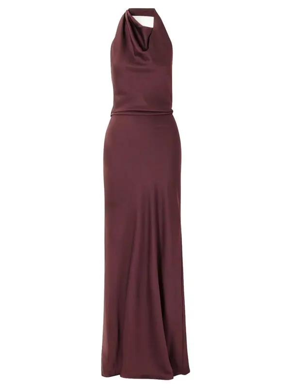 Simkhai Reannon Draped Satin Halterneck Gown - Brown