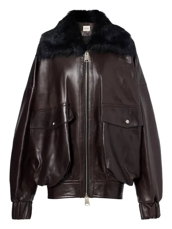 Khaite Daemon Oversized Leather Blouson Jacket With Shearling Trim - Brown