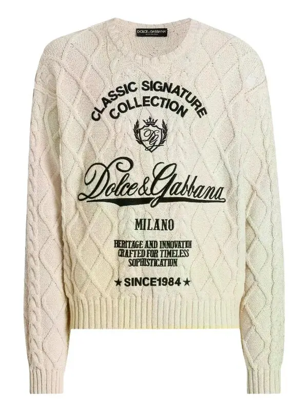 Dolce & Gabbana Cream Cable Knit Logo Sweater - Neutrals