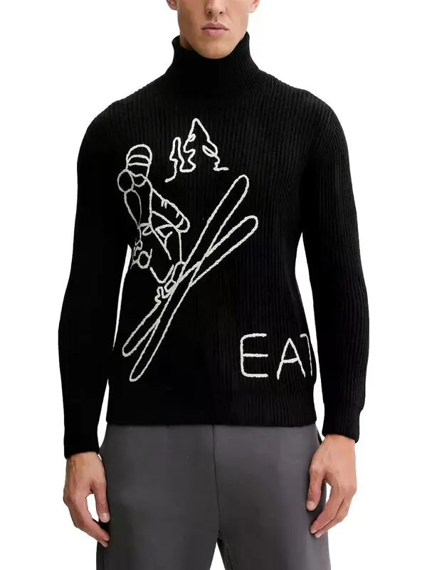 EA7 Ribbed Roll Neck Sweater With Graphic Detail - Black