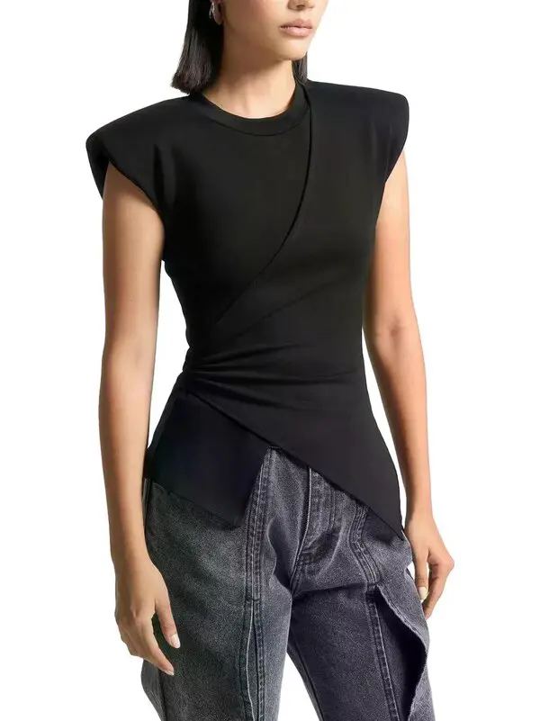 Manière De Voir Maniere De Voir Asymmetrical Ruched Waist Top With Padded Shoulders - Black
