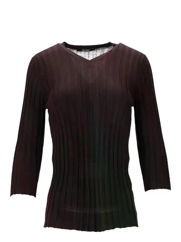LA ROSE V-neck Ribbed Knit Three-quarter Sleeve Top - Brown