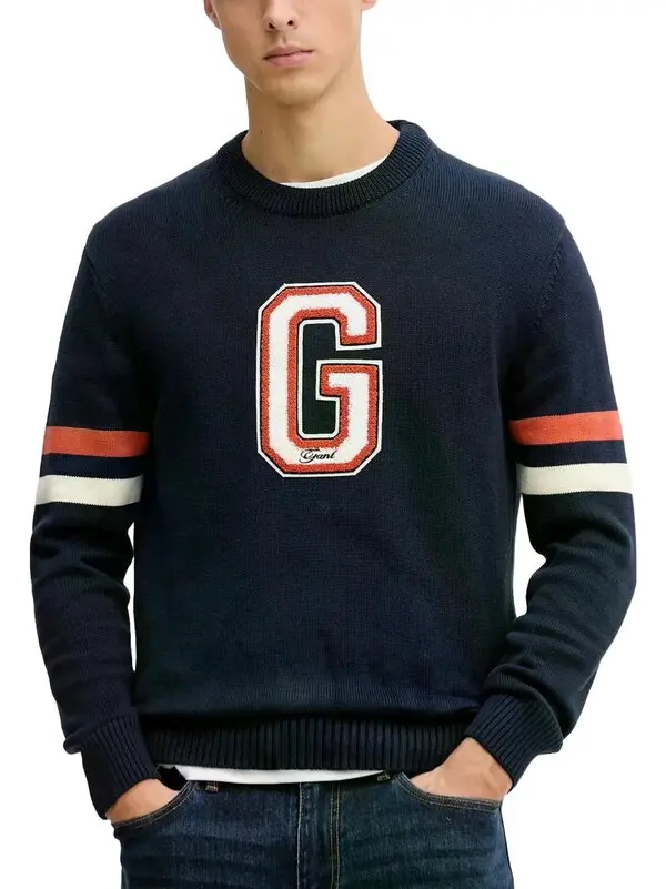 Gant Appliqué Striped Sleeve Crew Neck Sweater - Blue
