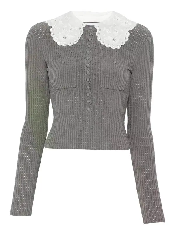 SELF-PORTRAIT Ribbed Top With Contrasting Collar - Grey