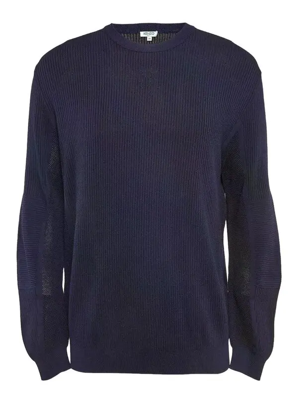 Kenzo Ribbed Knit Crew Neck Sweater With Embroidered Logo - Blue