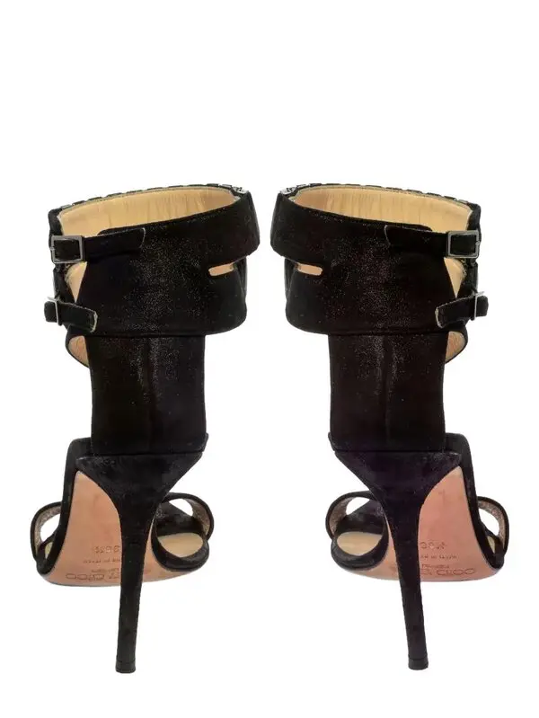 JIMMY CHOO Suede Crystal Embellished Double Buckle Ankle Strap High Heel Sandals - Black