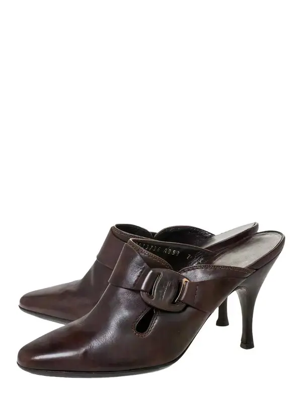 FERRAGAMO Patent Leather Mules With Logo Buckle Detail - Brown