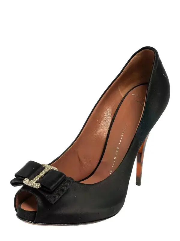GIUSEPPE ZANOTTI Satin Peep-toe Pumps With Bow Detail - Black