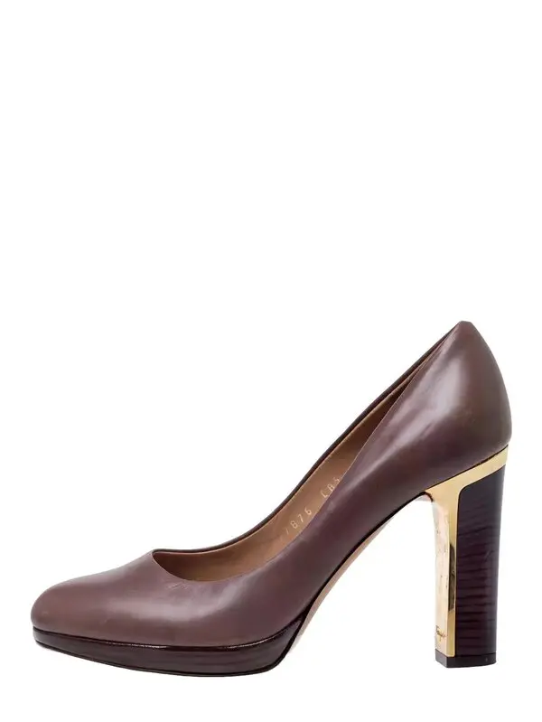 FERRAGAMO Round Toe Leather High Block Heel Pumps - Brown