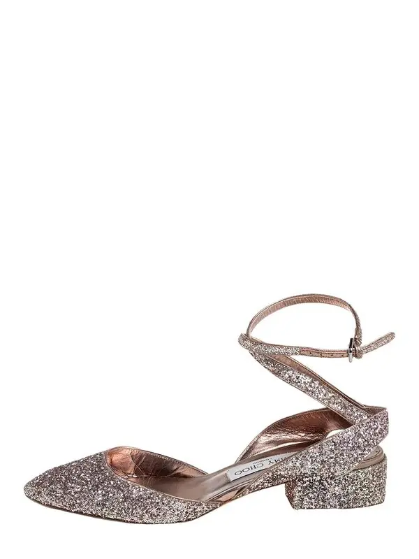 JIMMY CHOO Glitter Pointed Toe Ankle Strap Low Block Heel Sandals - Silver