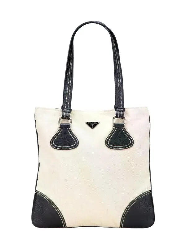 Prada Vitello Trimmed Canvas Canapa Tote Bag - Brown