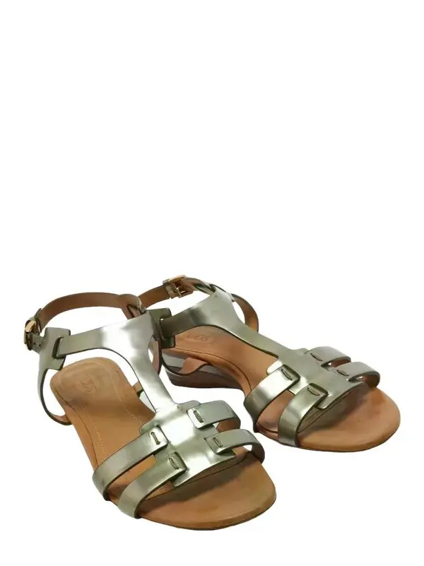 TOD'S Metallic Leather T-strap Wedge Sandals - Silver