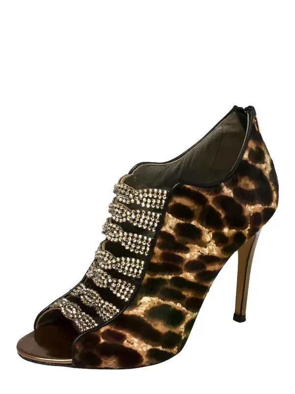 GINA Leopard-print Crystal Embellished Peep-toe Sandals - Brown
