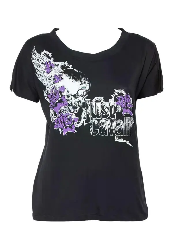 Just Cavalli Skull And Rose Print T-shirt - Black