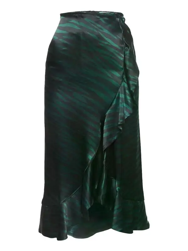 GANNI Zebra Print Ruffle Hem Satin Skirt - Green