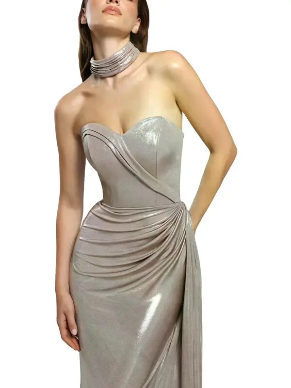 CRISTALLINI Angelina Draped Strapless Maxi Dress - Silver