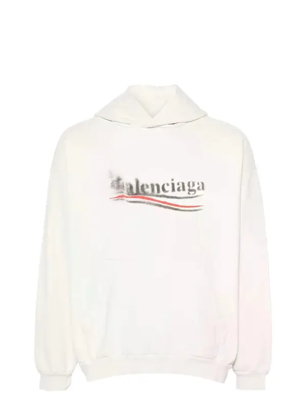 Balenciaga Logo Print Cotton Hoodie - Neutrals