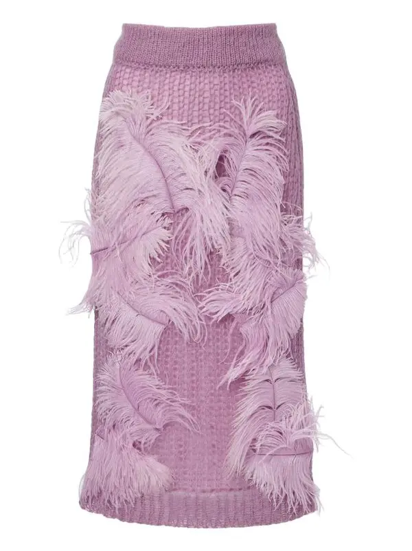 Attico Feather-trimmed Knitted Midi Skirt - Purple